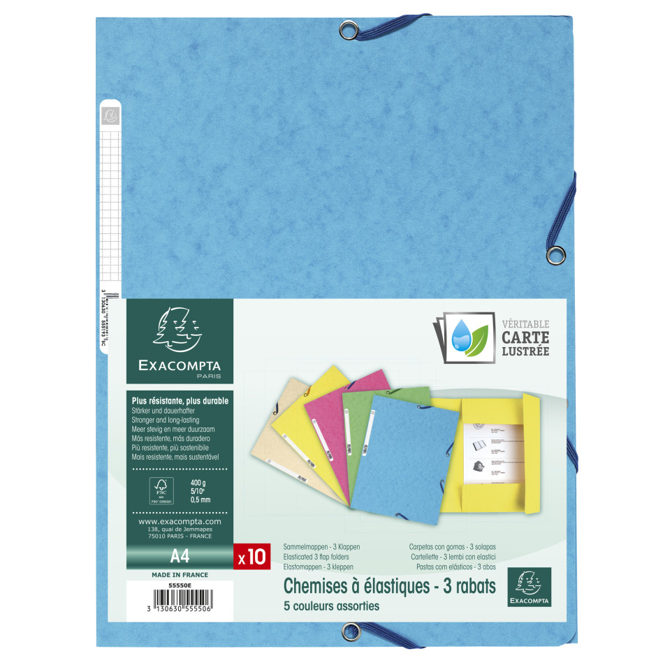 Chemise 3 rabats à élastiques carte lustrée 400g/m2 ® - A4/ Pce