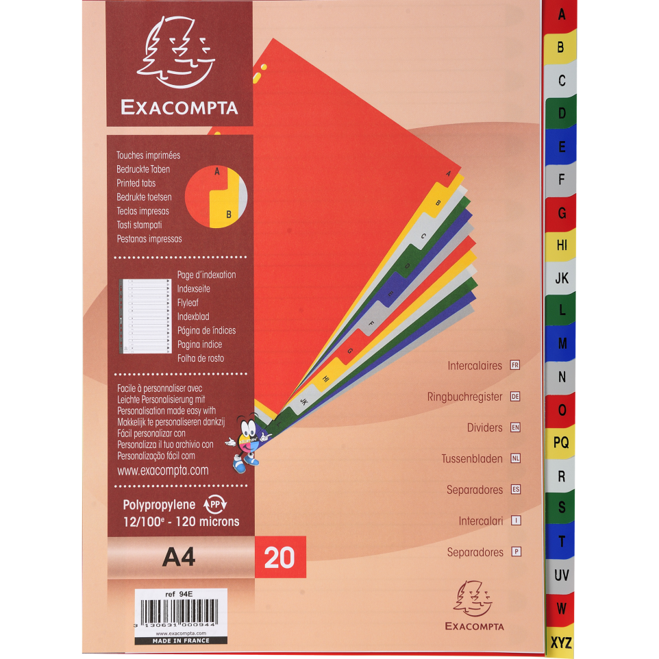 Intercalaires imprimés alphabétiques PP couleurs 12/100 AZ - A4/ Pce