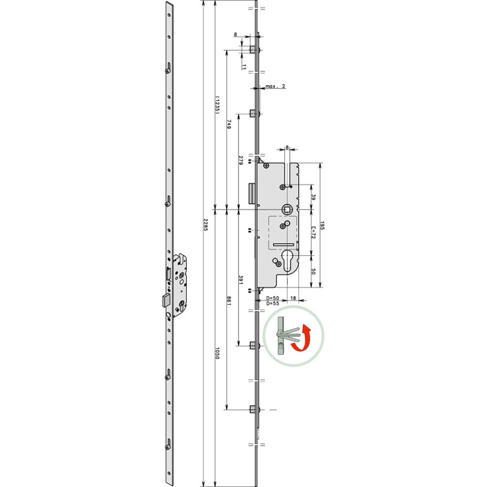 Serrure multipoint R4 LIFT action béquille à 4 galets rond F16/55/72 2285mm / pce