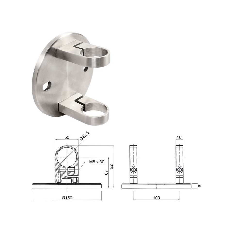 Platine latérale Ø150mm 2 serrages pour tube Ø42,4mm inox 316 / pce