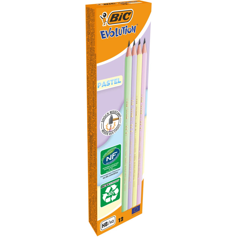 Bic crayon graphite Evolution Pastel HB, boîte de 12 pièces, assorti