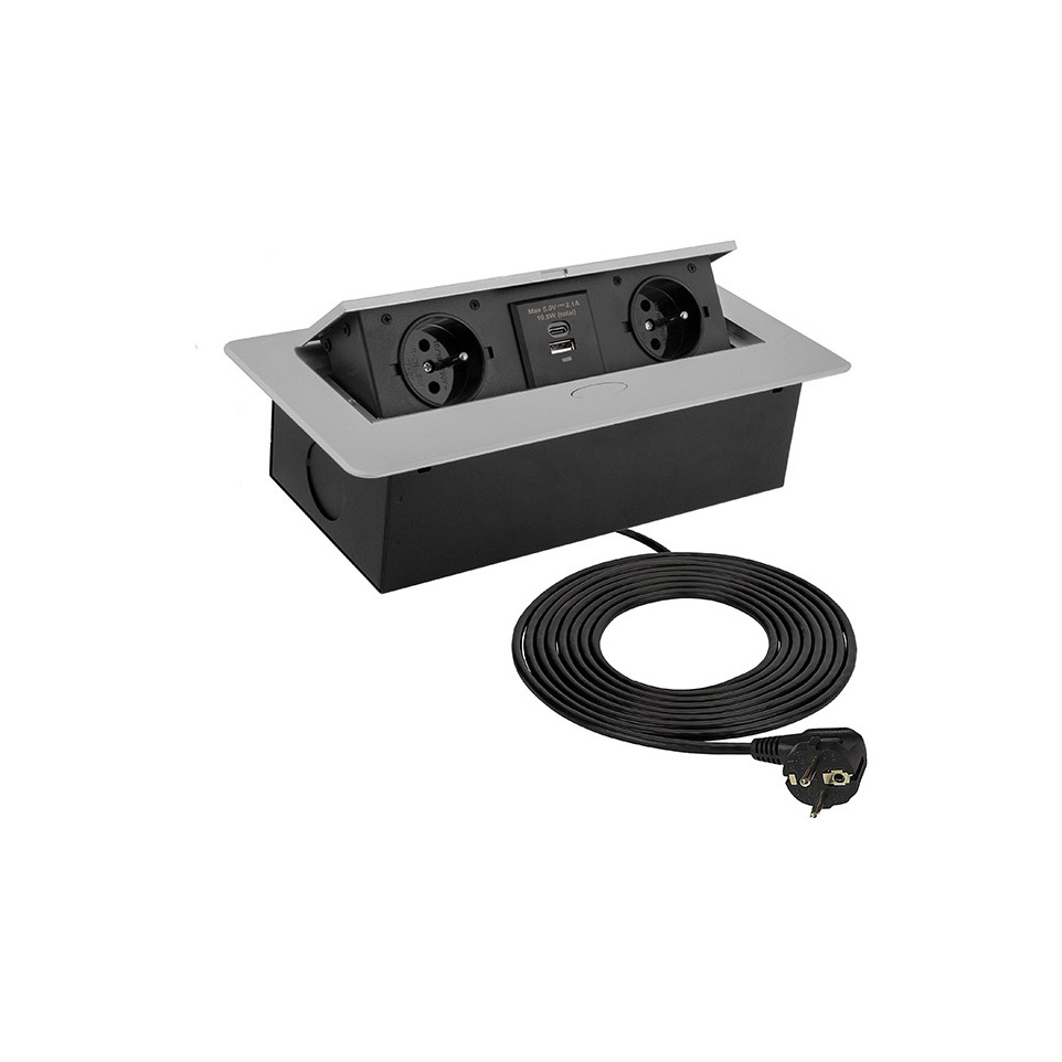 Prise Kombi Box softclose 2 prises 220V + 2 USB A gris clair / pce