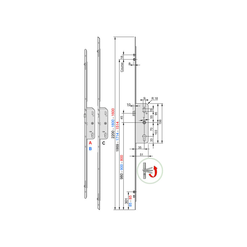Serrure multipoint R2 action cylindre à 2 galets F16/35/70 2200mm Ferco G-24759-32-L-1 / pce