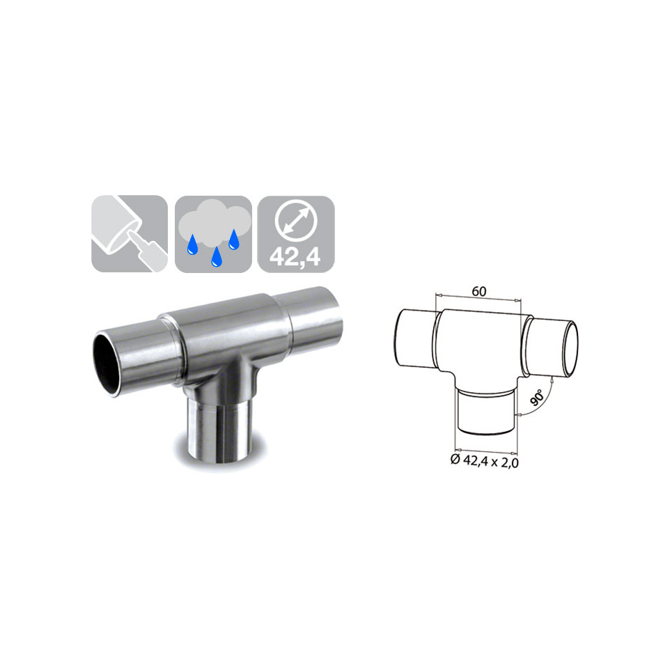 Coude "T"droit double à coller pour tube Ø42,4mm inox 316 / pce
