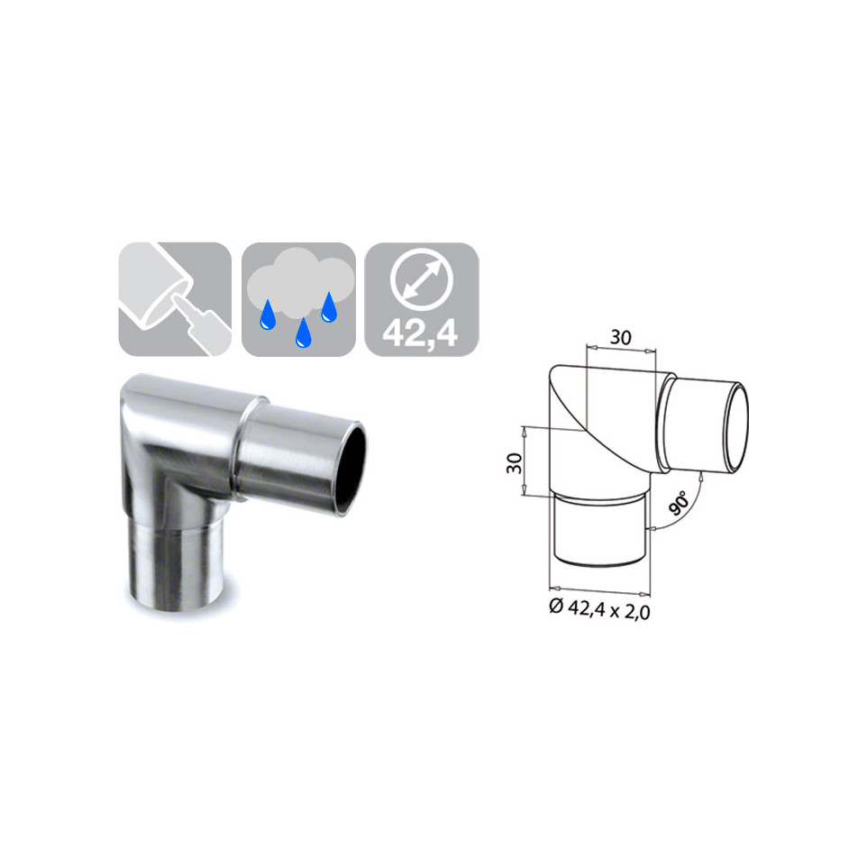 Coude à 90°droit à coller pour tube Ø42,4mm inox 316 / pce