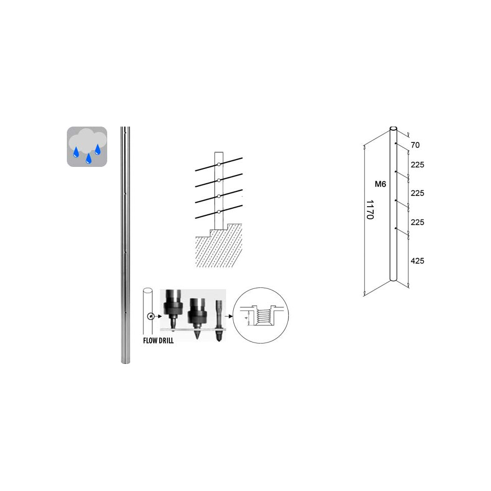 Poteau pré-percé 4 trous métriques inox 316 / pce