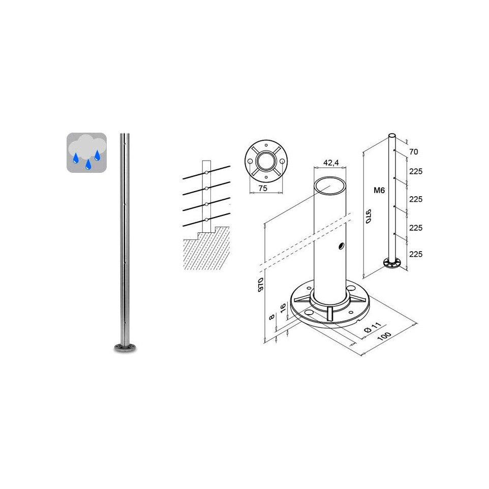 Poteau avec embase soudée, pré-percé à 4 trous métriques 6mm inox 316 / pce
