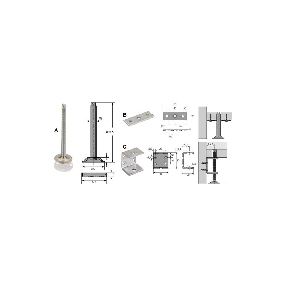 Équerre double pour vis de réglage de socle M8 Hettich / pce